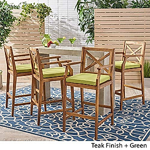 Christopher Knight Home Short Outdoor Acacia Wood Barstools, Teak Finish and Green (Set of 4)