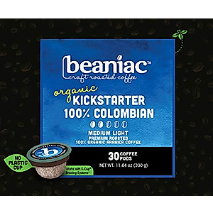 beaniac Organic Kickstarter 100% Colombian | Medium Roast, Single Serve Coffee K Cup Pods | Rainforest Alliance Certified | 30 Compostable, Plant-Based Coffee Pods | Keurig Brewer Compatible