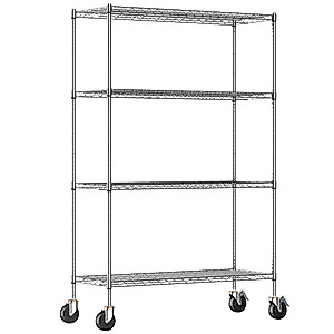 Raynesys Wire Shelving with 4" Wheels, 2400Lbs Heavy Duty 4-Tier Shelving Metal Shelves, 48x18x72in Steel Wire Storage Shelf Commercial Grade Adjustable Utility Rack for Garage, Kitchen, Chrome