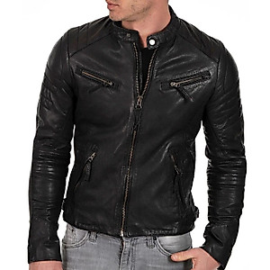DECIMAL Men's Black & BROWN Genuine Lambskin Leather Biker Jacket VINTAGE REAL MOTORCYCLE JACKETS FOR MEN (L, BLACK)