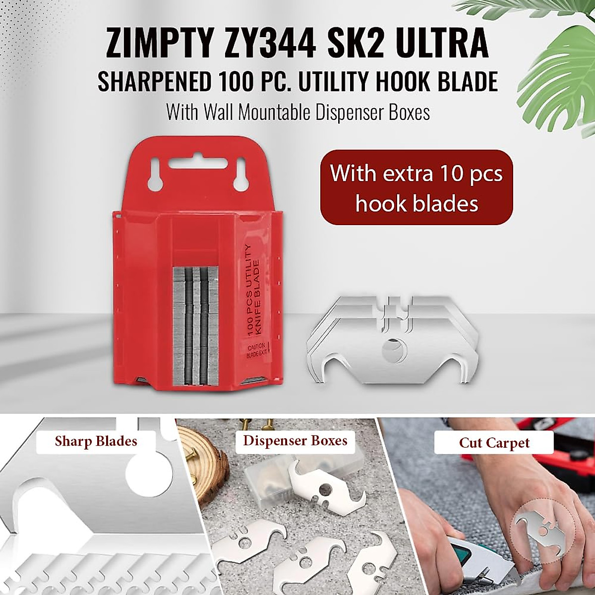 Zimpty ZY344 SK2 Ultra Sharpened 100 Pc. Utility Hook Blade with Wall Mountable Dispenser Boxes With extra 10pcs Blades (SK2)