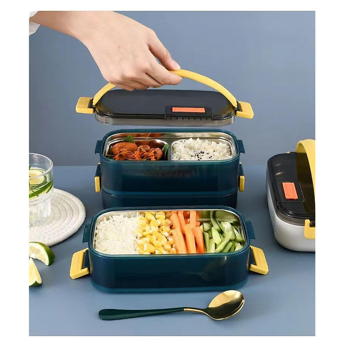 KAYNO Bento Boxes for Adults, 304 Stainless Steel Bento Lunch Box, Modern 2Layer Insulated Bento Box, 2 Compartment Leakproof Lunch Container Portable Food Storage Containers for Women Men