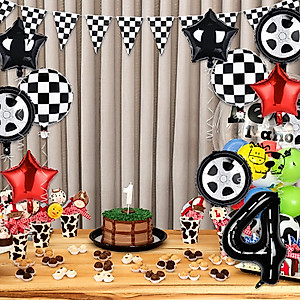 Jspupifip 15 Pcs Number 4 Race Car Birthday Balloons 40 Inch Race Car Checkered Foil Wheel Tire Balloons Racetrack Balloon Checkered Flags 8.2 Ft Banners for Race Car Boy 4st Birthday Party Supplies