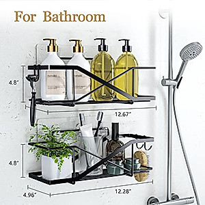 Masoffi Adhesive Shower Shelves for Inside Shower with Hooks, Wall Mounted Shower Caddy No Drilling Bathroom Shower Storage, 304 Stainless Steel Rustproof Shower Rack 2 Pack Black