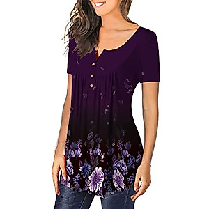 MAYAMANG Women's Floral Tunic Tops Casual Blouse V Neck Short Sleeve Buttons Up T-Shirts (Purple, L)