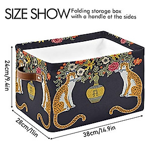 Chinese Tiger Chinoiserie Flower Foldable Storage Basket, Large Collapsible Organizer Storage Bin Cube Toys Storage Boxes with Handles for Bathroom Kids Nursery Closet Storage, 2 Pack