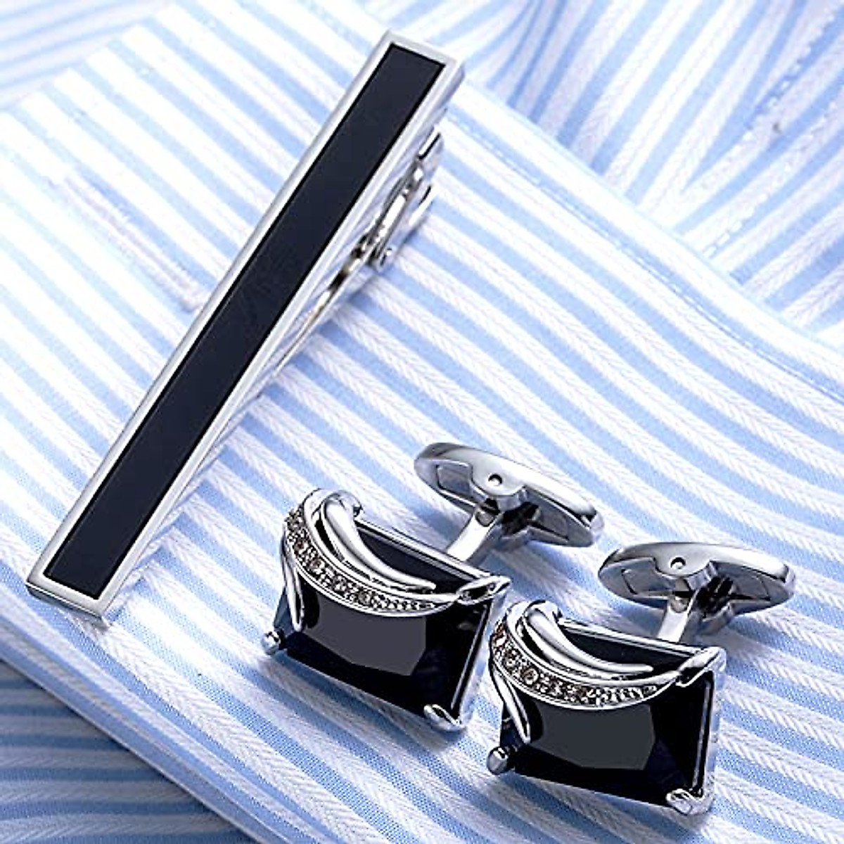 BXLE Black Cufflinks and Tie Clip Set for Men, Opal Gem Stone Cuff Links Cufflink Necktie Bar Clips Stickpin for Wedding Party Groomsmen, Luxury Business Formal Shirt Studs Button Clasp for Father