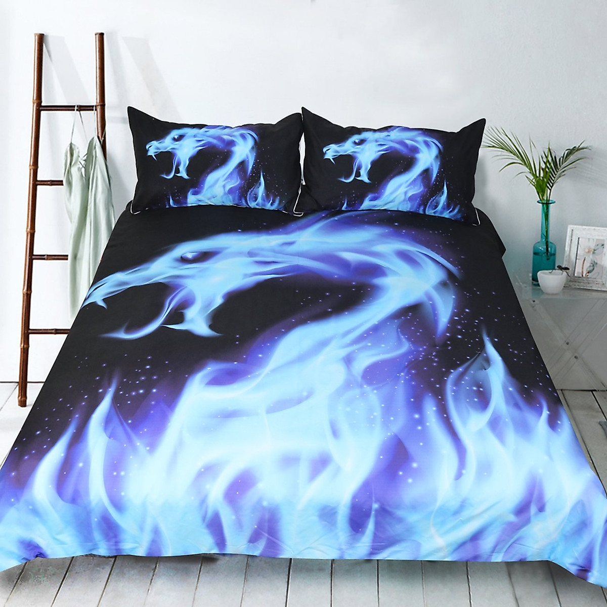 BBchose 3D Bedding Set Blue Dragon Fire Home Textiles Bedclothes Duvet Cover Sets 1 Duvet Cover with 2 Pillowcases(Queen)