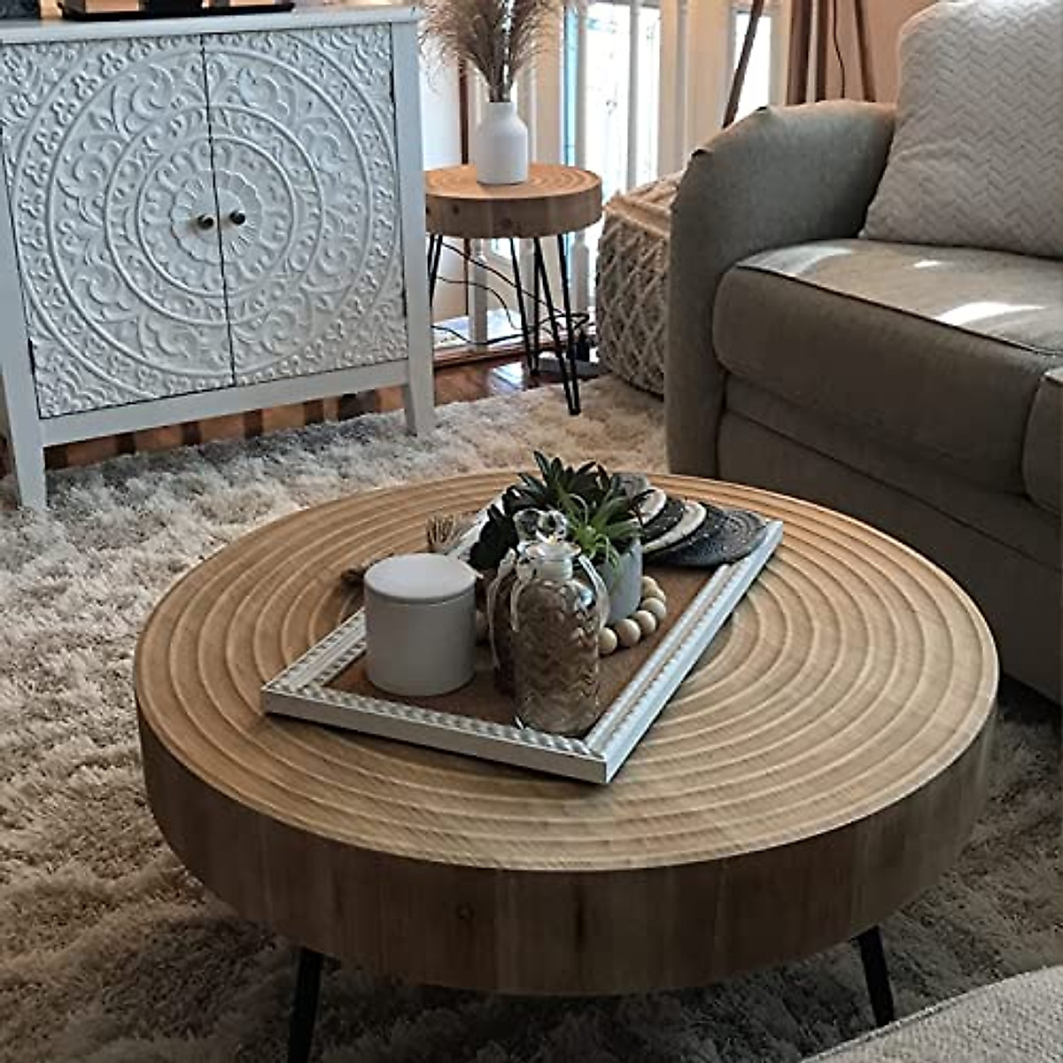 Uspeedy 2-Piece Farmhouse Wooden Coffee Table Set,Boho Coffee Table,Living Room Round Coffee Table Set,Nesting Table Round Wooden Finish with Ring Motif (Wood 1)