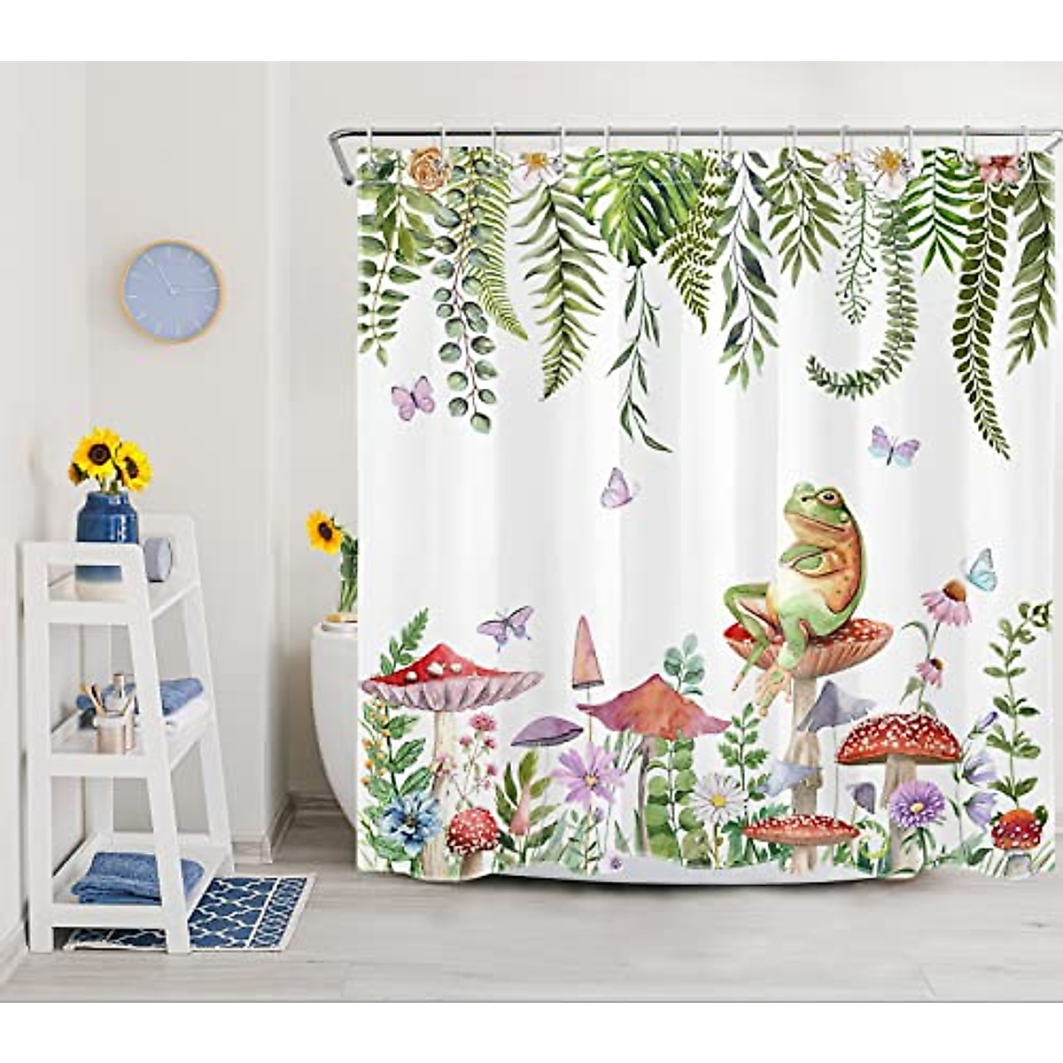ECOTOB Rustic Mushroom Shower Curtain Sets with Bath Rugs Green Leaf and Flower Bathroom Accessories Set with Bath Mat Botanical Bath Curtain Set Shower Curtain for Bathroom Decor 72x72 Inch