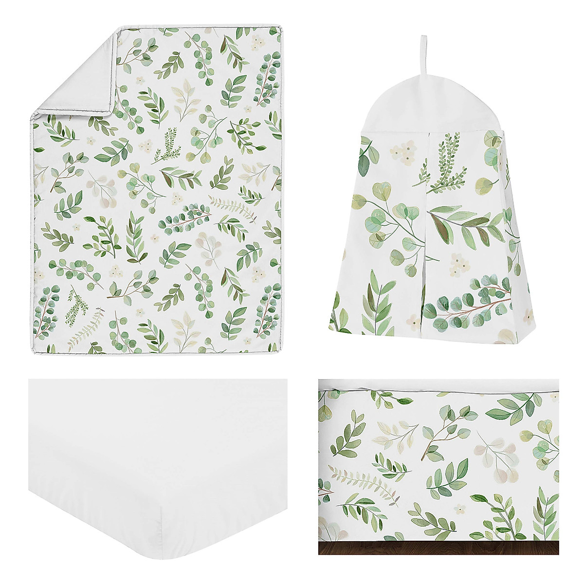 Sweet Jojo Designs Floral Leaf Baby Girl Nursery Crib Bedding Set - 4 Pieces - Green and White Boho Watercolor Botanical Woodland Tropical Garden