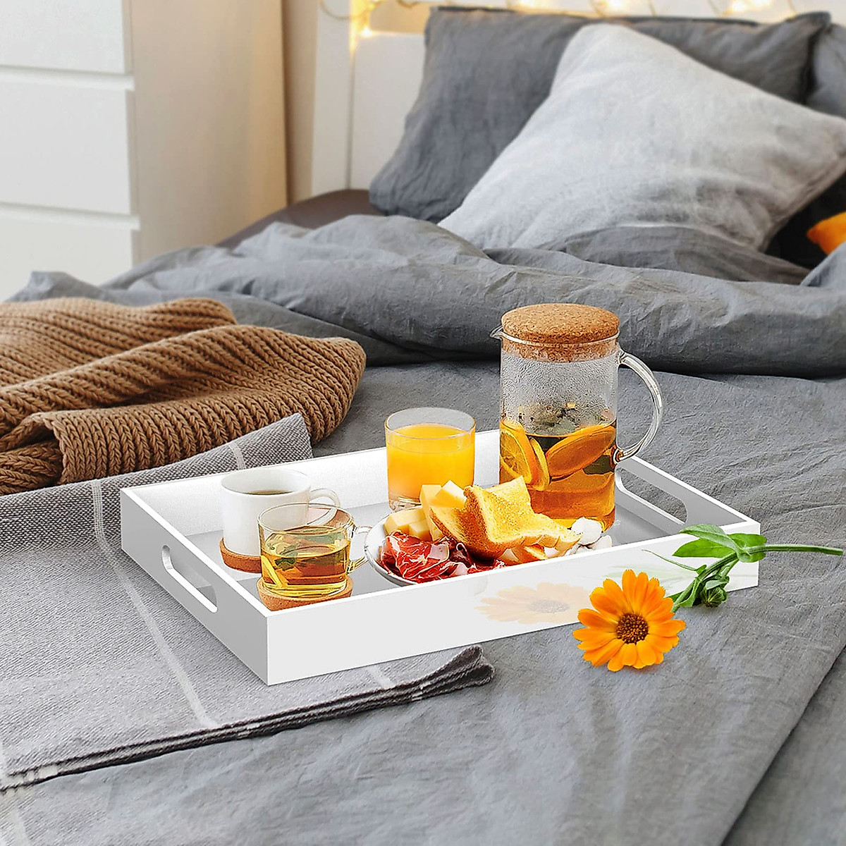 Cilinta Acrylic Serving Trays with Handles, 16"x 12" Rectangle Sturdy Breakfast Trays, White Decorative Trays Organiser for Bedroom, Kitchen, Living Room, Bathroom, Hospital and Outdoors