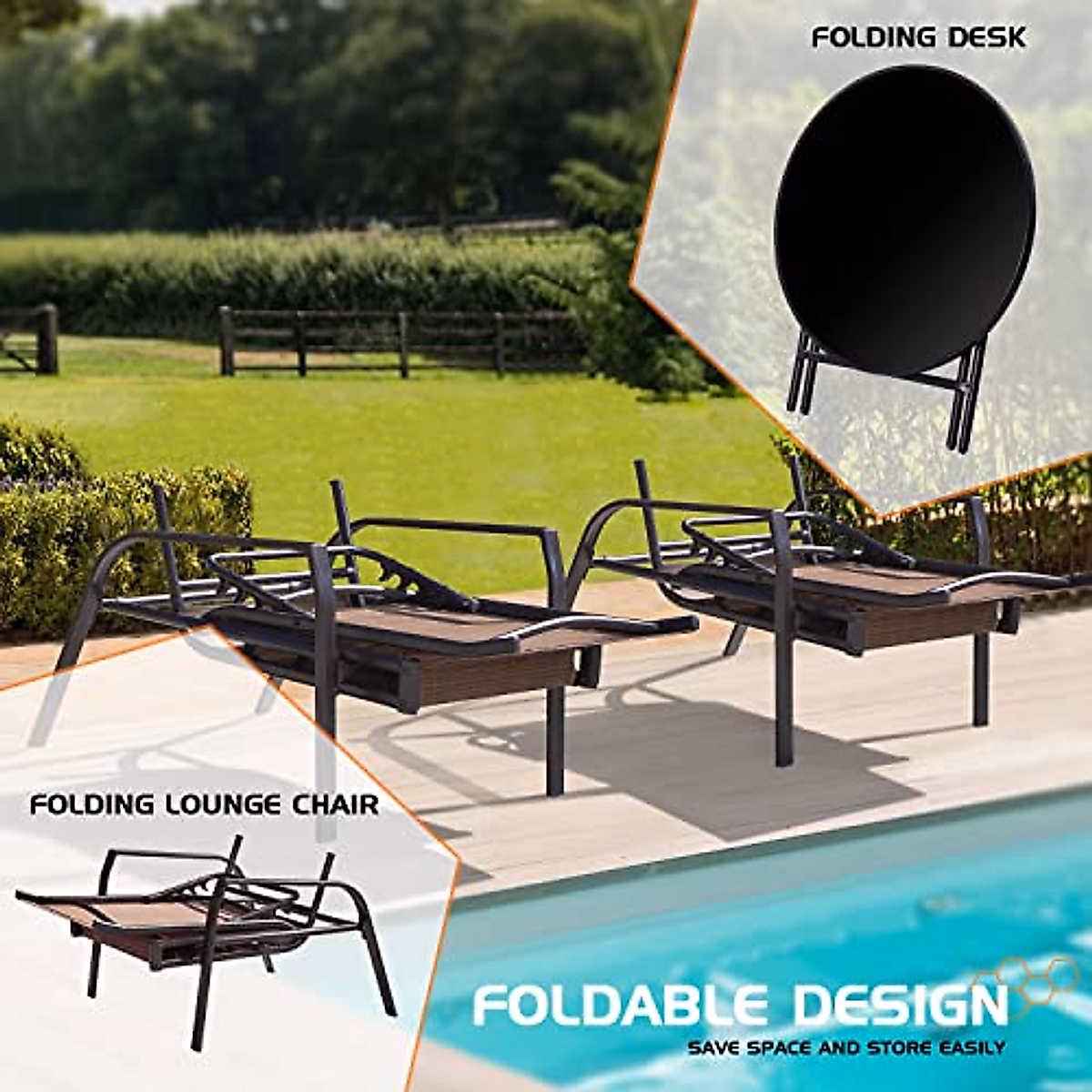 Flamaker Adjustable Patio Chaise Lounge Set 3 Pieces Textiline Outdoor Foldable Metal Reclining Chairs with Sturdy Glass Top Bistro Table for Beach, Poolside, Backyard, Porch (Beige)