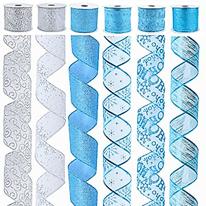 DINDOSAL Turquoise Blue Christmas Ribbon Wired 2.5" Blue and Silver Christmas Tree Ribbon Garland Glitter Christmas Ribbon for Tree, Gift Wrapping, Bows 6 Rolls 36 Yards