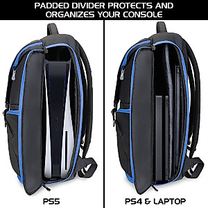 ENHANCE PS5 Backpack and Storage Case - Compatible with PS5 , PS4 Pro & PS4 - Gear Arsenal Storage Compartments , Gaming Console Backpack for Controllers , Headsets , Games & Accessories - Blue