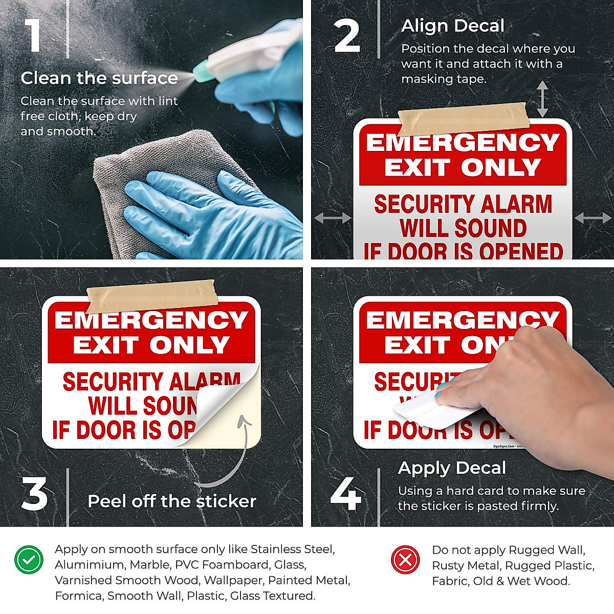 Sigo Signs, Emergency Exit Only Sign, Security Alarm Will Sound If Door Opened Sign, 10x7 Inches, 4 Mil Vinyl Decal Stickers Weather Resistant UV Protected, Made in USA