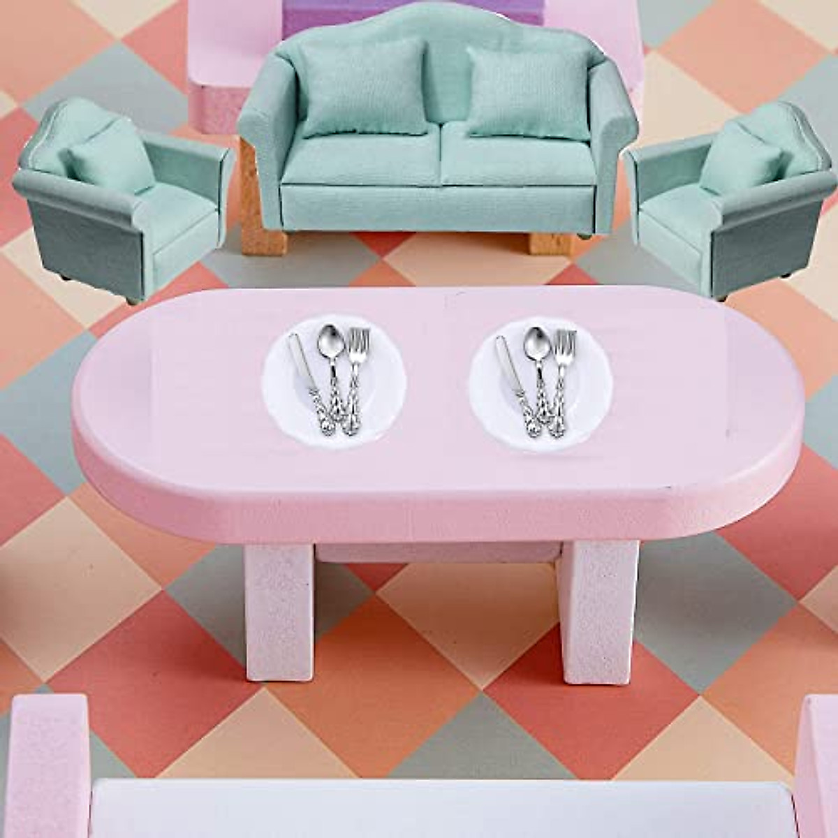 9Pcs Dollhouse Sofa Set,1/12 Dollhouse Decor 3Pcs Dark Green Fabric Sofa, 4Pcs Pillow and 2Pcs Miniature Carpet Turkey Rugs Miniature Furniture Toy for Kids Gift