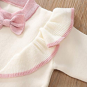 IDOPIP Toddler Kids Baby Girls Knit Sweater Dress Ruffle Long Sleeve Bowtie Sweater T-shirt Top + Tutu Skirt Princess Casual Birthday Party Dresses Fall Winter Outfit Clothes 2PCS Set Pink 4-5 Years