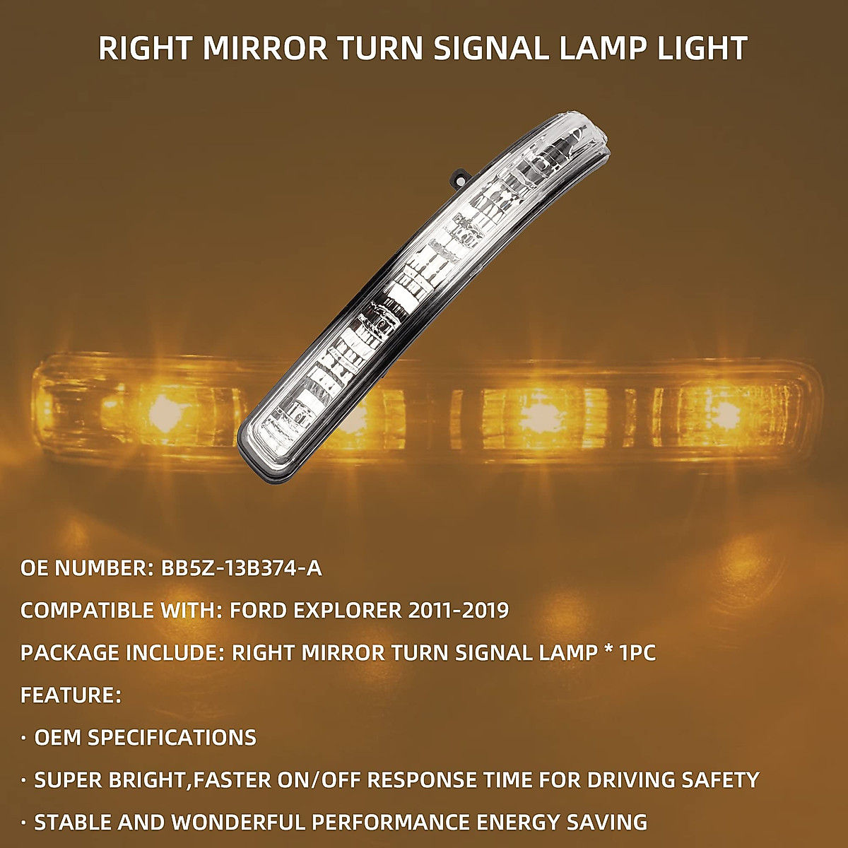 Dasbecan Right Mirror Turn Signal Light Lamp Compatible with Ford Explorer 2011-2019 Passenager Side Led Indicator Lights Replaces# BB5Z-13B374-A BB5Z13B374A