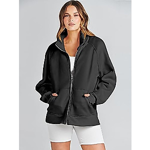 Caracilia Women's Oversized Sweatshirts Long Sleeve Zip Up Y2K Trendy Fashion Sweatshirt Jackets Pullovers Active Comfy Cute Clothes With Thumb Hole C112A0-heise-S Black