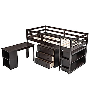 DEYOBED Twin Size Wooden Loft Bed Frame with Cabinet, Rolling Portable Desk and Storage Shelves for Kids Teens