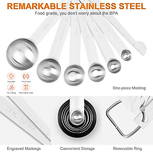 Sieqioor Durable Stainless Steel Metal Measuring Spoons Set for Dry or Liquid, Small Tablespoon, Teaspoons, Set of 7 Including Leveler, Etched Markings and Removable Clasp, Fits in Spice Jar