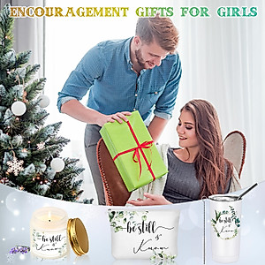 Sieral 3 Pcs Christian Gifts for Women Faith Be Still and Know Be Strong and Courageous Inspirational Travel Mug Tumbler Christian Prayer Candle Religious Bible Verse Cosmetic Bag for Mother(Still)