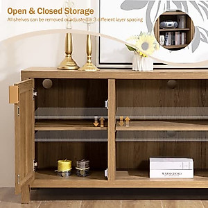 SICOTAS Rattan TV Stand for 65 Inch TV: 26" Tall TV Console with Storage Cabinet and Adjustable Shelf, 59" Boho Entertainment Center, Media Console, Modern Wood TV Stands for Living Room, Bedroom, Oak