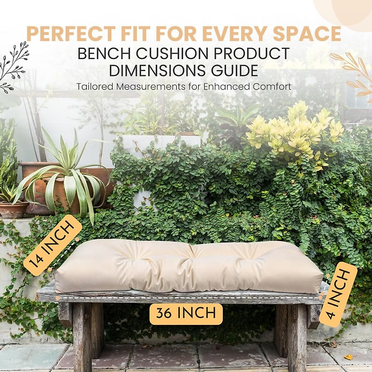 NVAZN Large Tufted Bench Cushions -36”x14”x 4”- Indoor or Outdoor Furniture Seat Cushion - Water, UV & Stain-Resistant - Porch Furniture Cushion - Beige