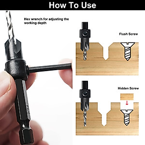 GMTOOLS Countersink Drill Bit Set, 5Pcs Tapered Drill Bits M2 HSS, with 1/4" Hex Shank Quick Change and Allen Wrench, Counter Sinker Set for Woodworking and Carpentry, Pilot Screw Hole Set