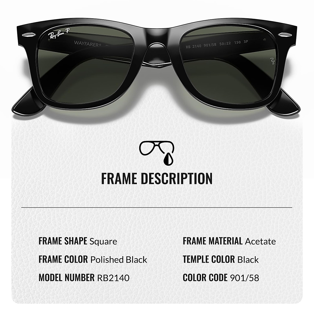 Ray-Ban RB2140 Original Wayfarer Classic Polarized Square Shape Sunglasses With Eyewear Kit Bundle - High Bridge Fit - Formal and Casual Wear Square Sunglasses