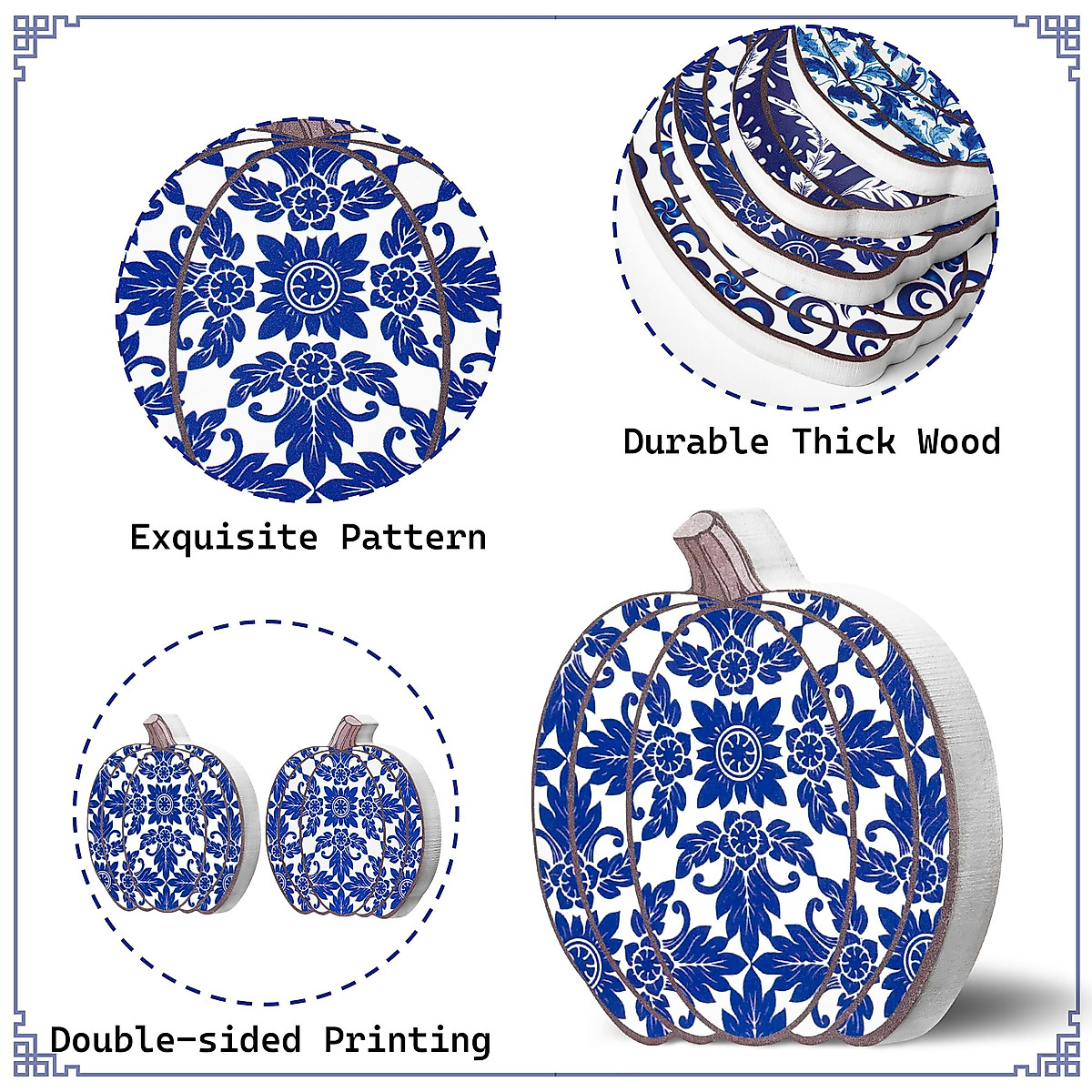 WATINC 4PCS Fall Pumpkin Wood Centerpiece Table Decor, Autumn Thanksgiving Tiered Tray Decorations, Chinoiserie Pumpkin Block Set, Halloween Rustic Harvest Party Wooden Sign for Home (Double Printed)