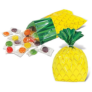 Beistle 75 Piece Tropical Treat Favor Bags - Luau Party Pineapple Cello Candy Bags With Twist Ties