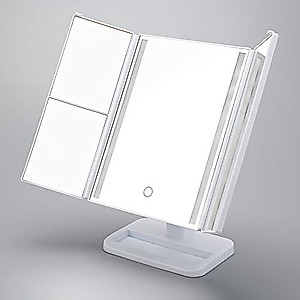 KXA Tri-Fold Vanity Mirror, 24 LED Lighted with Touch Screen 1X/2X/3X Magnification and USB Charging Adjustable Brightness and Stand for Makeup
