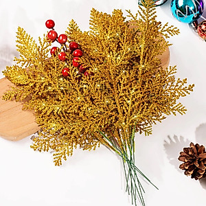 TORINALITAL 22PCS Christmas Tree Picks Sprays, Gold Glitter Artificial Pine Needles Faux Christmas Floral Picks Branches for Christmas Tree Wreath Wedding Bouquet Winter Seasonal Holiday Decoration