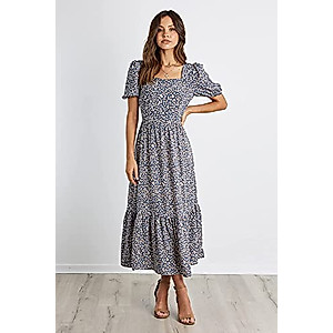 PRETTYGARDEN Women's Bohemian Dress Leopard Tie-Back Square Neck Puff Sleeve Ruffled Hem Summer Maxi Dresses(Blue,X-Large)