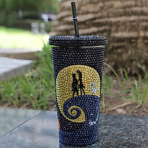FunHues Bling Rhinestone Halloween Christmas Cup, 20oz Diamond Stainless Steel Insulated Tumbler with Lid and Straw, Glitter Halloween Xmas Coffee Water Bottle Mug