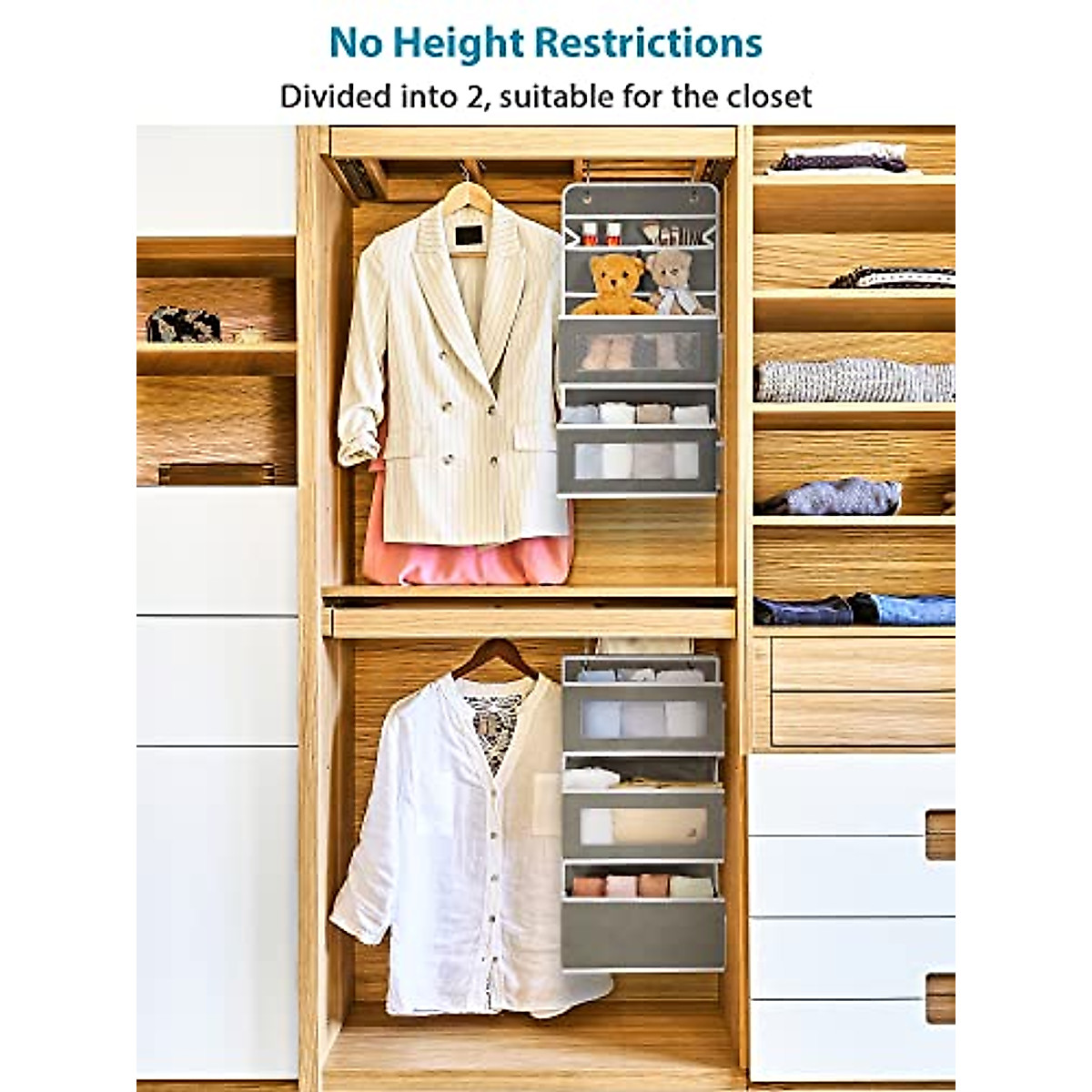 PARAKE 6-Shelf Over The Door Organizer, Flexible 1 Split into 2 Hanging Storage Door Organizer, Over The Door Storage with 5 Large Pockets, for Closet Pantry Bathroom Nursery Bedroom (Grey)