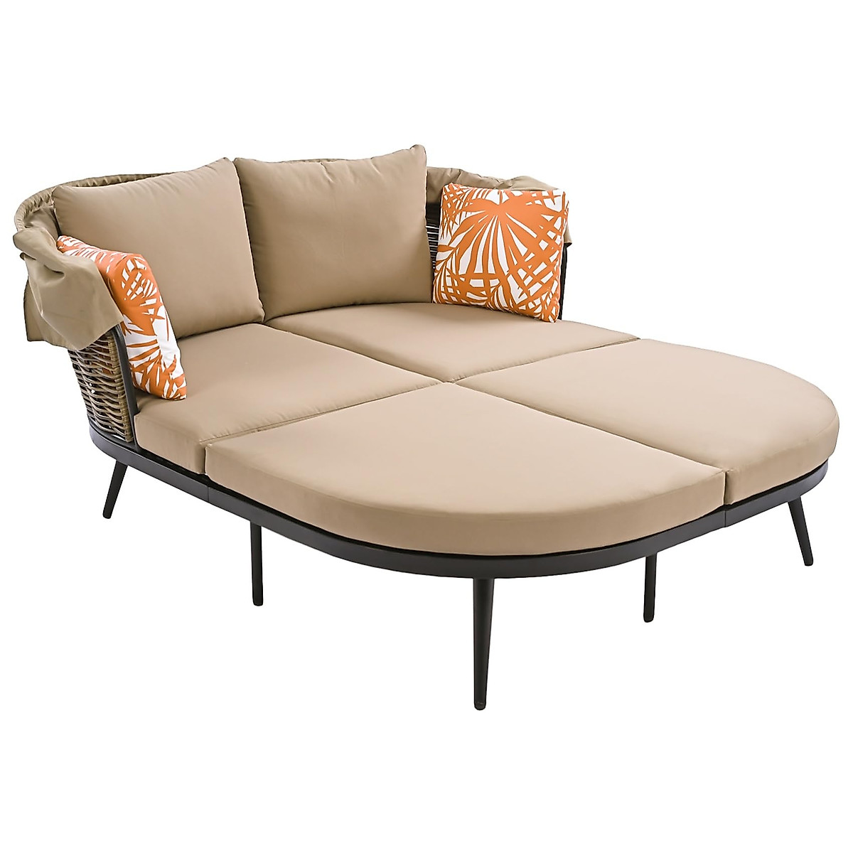 Merax 74.8" L Outdoor Daybed with Retractable Canopy Mattress Included, Patio Rattan Back Loveseat Sofa, Day Bed Throw Pillows and Cushions Set for Backyard, Poolside, Garden, Brown