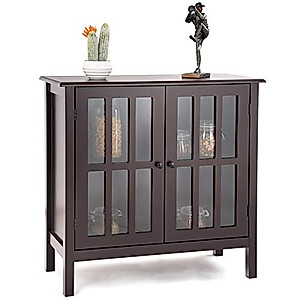 Tangkula Sideboard Buffet Storage Cabinet, Kitchen Storage Cabinet with 2 Glass Doors, Liquor Cabinet for Home Kitchen Dining Room, Cupboard Console Table, Curio Cabinet (Coffee)