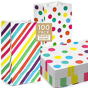JOHOUSE 100PCS Party Favor Bags, Treat Bags with Stickers Colorful Stripe Dot Gift Bags for Kids Birthday Party Baby Showers 4.7" x 3.1" x 8.7"