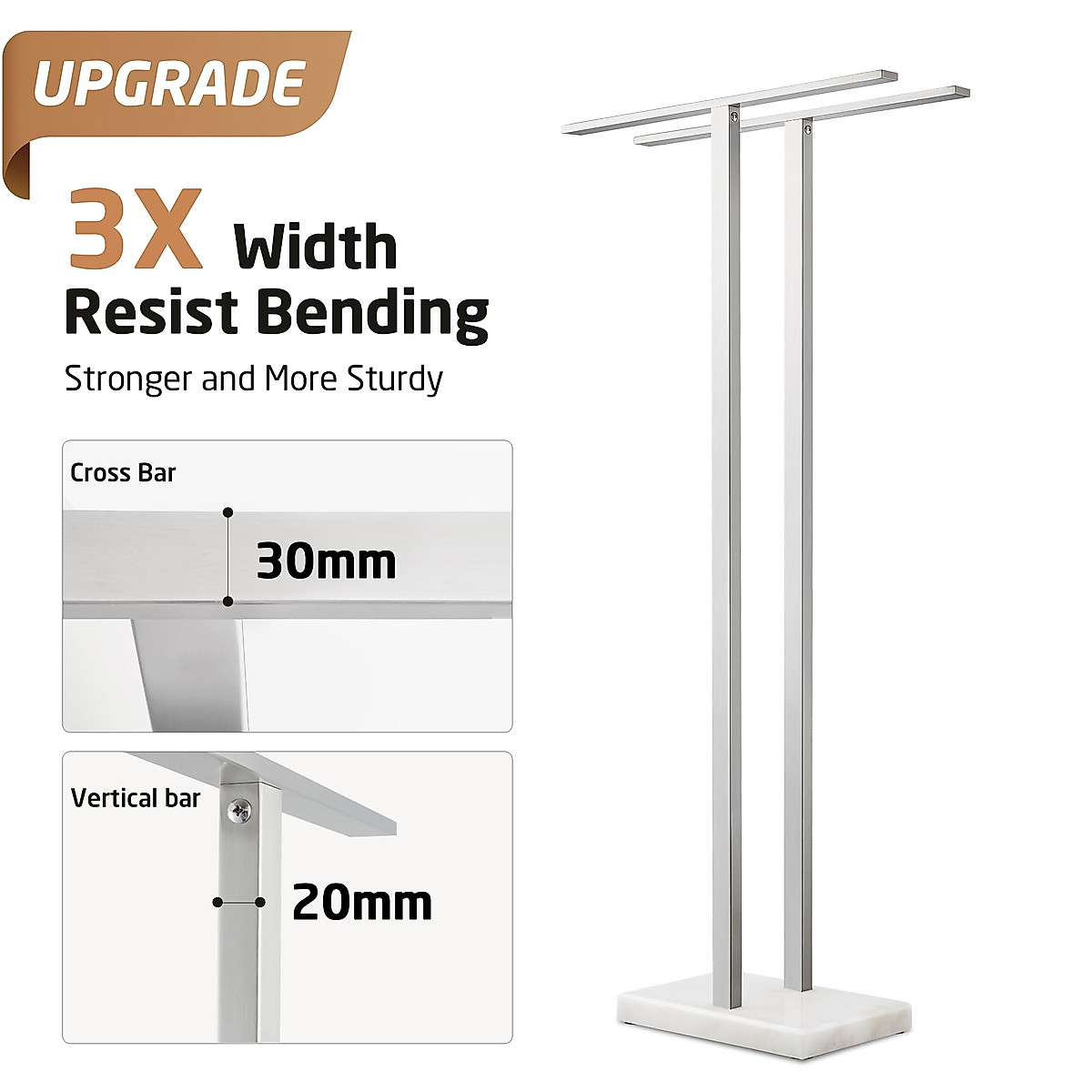 KES Standing Towel Rack for Bathroom, Free Standing Towel Rack Bathroom Floor with Weighted Marble Base 2-Tier, Extra High Thick Double Bath Towel Holder 18/8 Stainless Steel Brushed Finish, BTH232-2