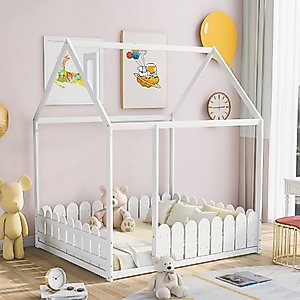 Full Size Wood Bed House Bed Frame with Fence, Cabin Bed, Floor Bed, Nursery Furniture, Kids Tent Bed Play Tent (White Full Size)