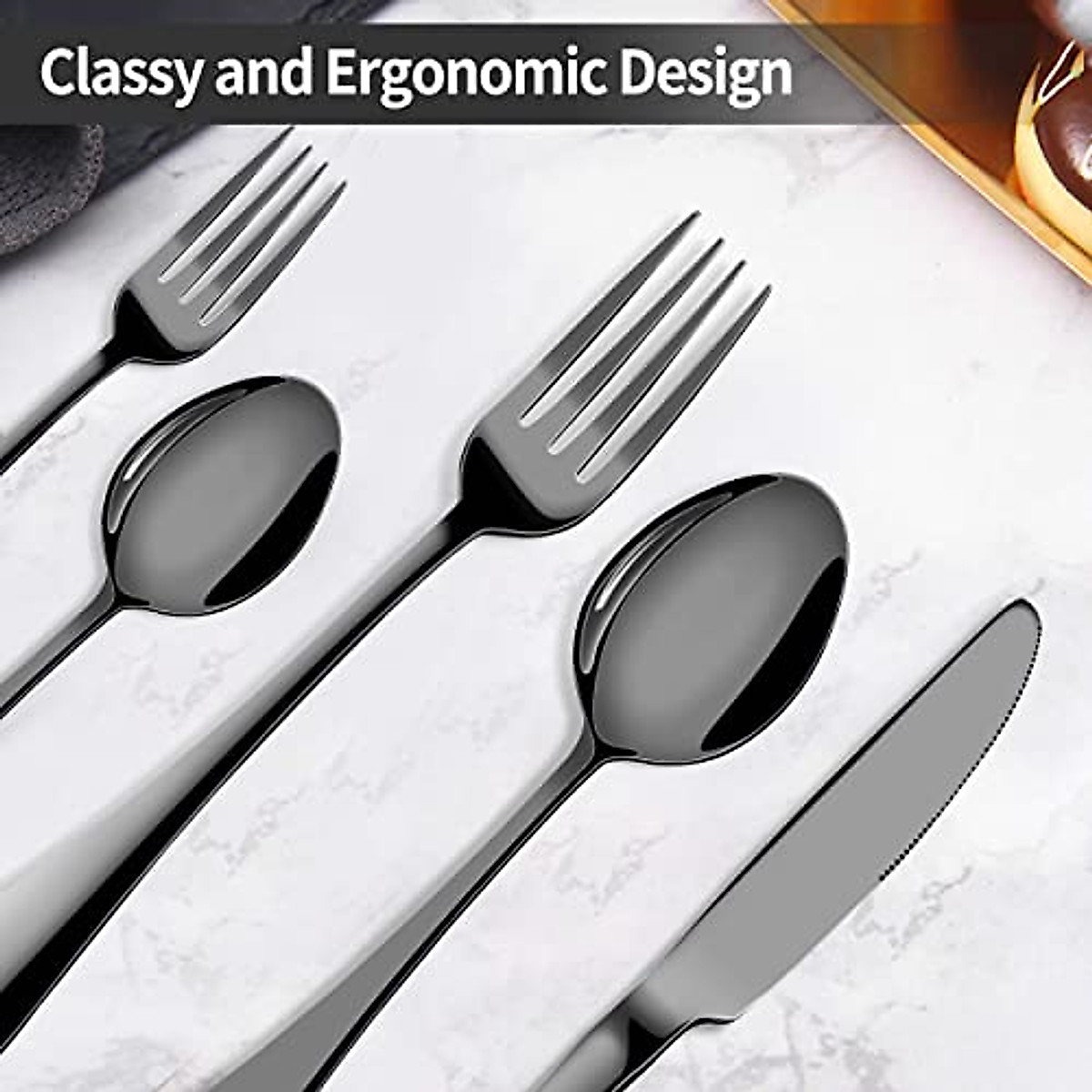 Black Silverware Set, 20 Pieces Stainless Steel Flatware Set of 4, Mirror Polished Cutlery Set for Home Kitchen, Premium Tableware Utensil Set, 4 Set of Knife Spoon Fork, Dishwasher Safe