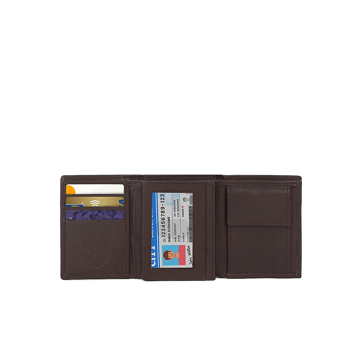Leatherboss Genuine Leather Boys Slim Compact Flap Id and Coin Pocket Trifold Wallet for men women, Dark Brown