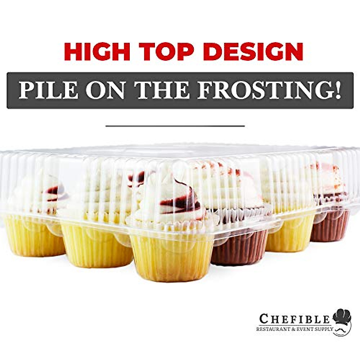 Chefible 12 Compartment Cupcake Container - Set of 4 | Plastic Disposable, Dozen Cavity, Cupcake Carrier with Secure High Top Design