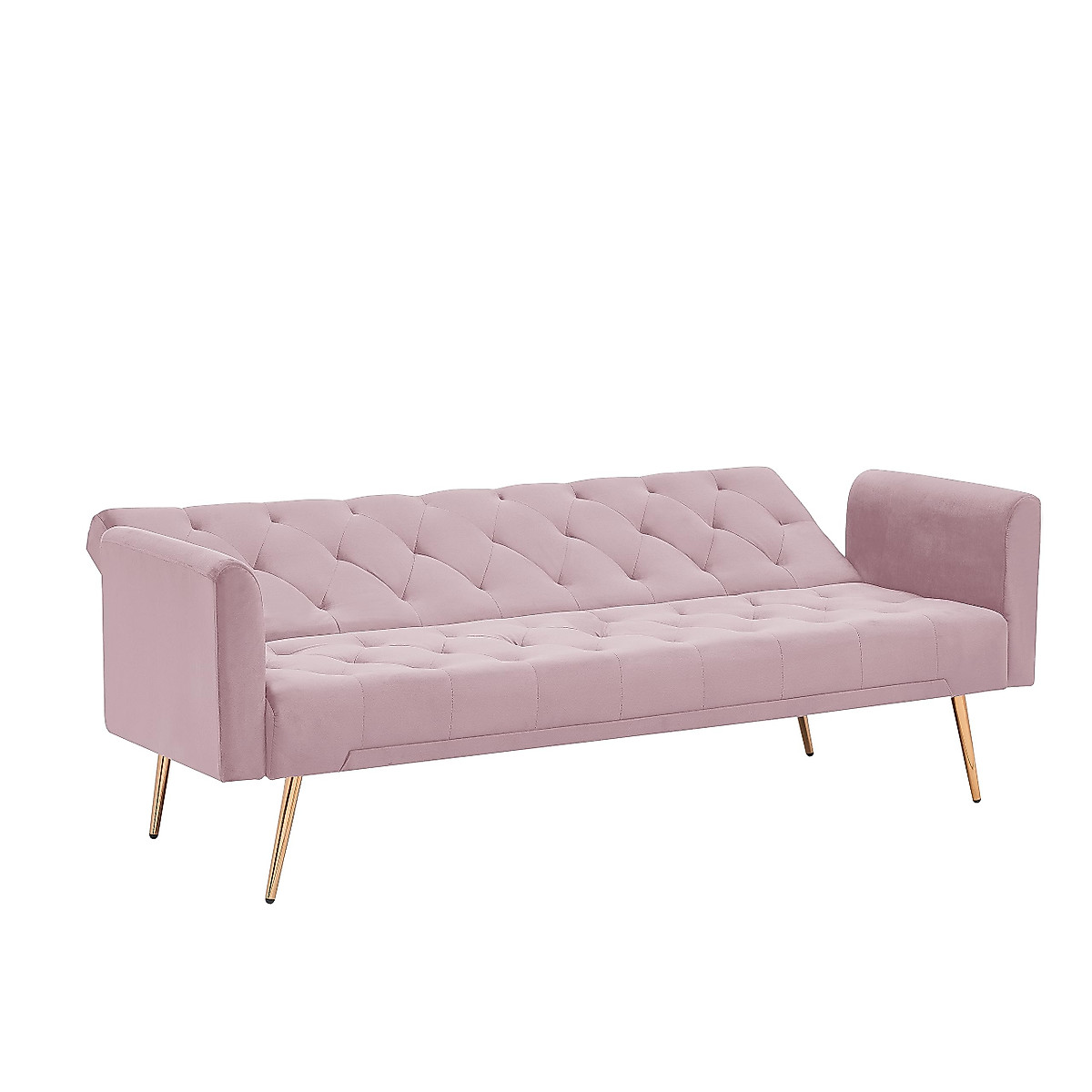Eafurn Comfy Velvet Upholstered Futon Foldable Daybed Bed for Sleep Overs, Convertible Sleeper Loveseat with 2 Pillows, 71" Tufted Sofa & Couches with Golden Metal Legs for Compact Living Space, Pink