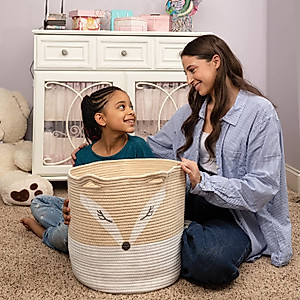 Large Cotton Rope Basket with Cute Animal Design - Unisex Bed & Bath Toy Bin Serves as Woven Laundry Basket & Nursery Hamper for Babies, Toddlers, Girls & Boys - Sturdy & Kid-Safe, 14" x 14 "