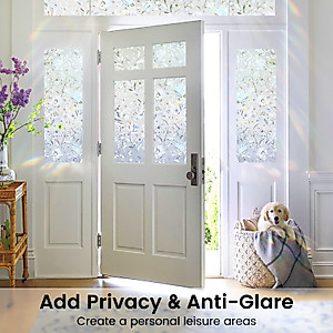 DOWELL Window Privacy Film, 3D Stained Glass Rainbow Window Decals, Decorative Window Vinyl Sun Blocker Door Covering, Static Cling Non-Adhesive Window Sticker for Home, Blooming Flowers, 17.5"x78.7"