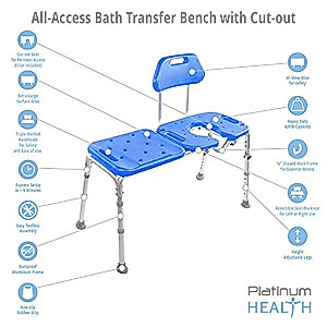 Bath Transfer Bench with Cutout Shower Seat, Deluxe All-Access Chair for Tub and Shower Transfers, Raised Toilet Seat for Seniors and Elderly Bathroom, Adjustable Height, Includes Insert, Blue